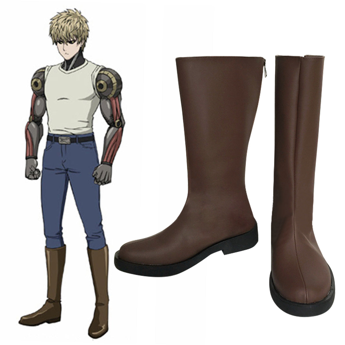 One Punch Man Genos Demon Cyborg Oni Saibogu Brown Shoes Cosplay Boots ...