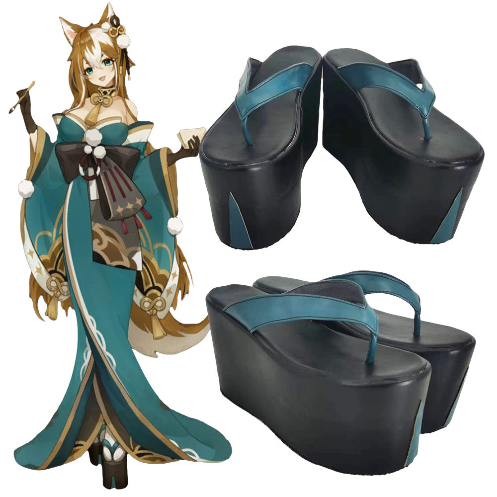 Genshin Impact Ms Hina Gorou Female Blue Green Cosplay Shoes – Gcosplay